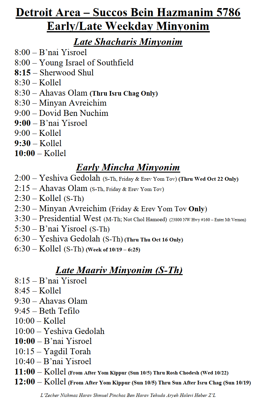 Detroit Bein Hazmanim Minyan Times - DavenDetroit.com